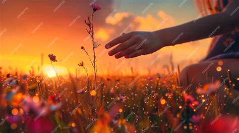 A Young Hand Gently Touching Grass Blades At Sunset Premium Ai