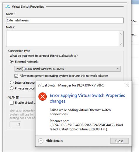 virtual switch failing to add external via wireless r hyperv