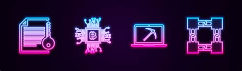 세트 라인 스마트 계약 Cpu 마이닝 팜 노트북 및 곡괭이 및 블록 체인 기술을 사용한 마이닝 빛나는 네온 아이콘입니다 벡터 0명에 대한 스톡 벡터 아트 및 기타 이미지