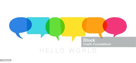 무지개 색으로 헬로 월드 고립 된 음성 거품 통신 및 네트워크 개념 텍스트 통신 온라인 커뮤니티 친구들과 채팅 연락처 및 온라인 마케팅 가상현실에 대한 스톡 벡터 아트 및