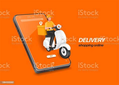 노란색 유니폼을 입은 남성 음식 배달원이 상자가있는 스쿠터 또는 오토바이에 앉아 있습니다 배달에 대한 스톡 벡터 아트 및 기타 이미지 배달 음식 3차원 형태 Istock