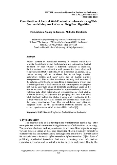 Pdf Classification Of Radical Web Content In Indonesia Using Web Content Mining And K Nearest