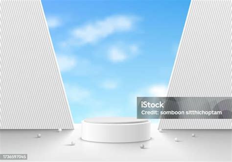 3d 흰색 실린더 받침대 연단 배경에는 흰 구름과 푸른 하늘 벽 장면이 있습니다 추상적인 최소 모형 또는 제품 전시 프레젠테이션 쇼케이스용 무대 플랫폼 벡터 기하학적 디자인