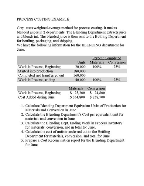 Process Costing Ex W Answers Process Costing Example Corp Uses