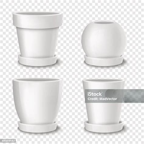 현실적인 벡터 흰색 빈 화분 접시와 함께 설정합니다 클로 우즈 업 투명 한 배경에 고립 브랜딩 이랑에 대 한 서식 파일을 디자인