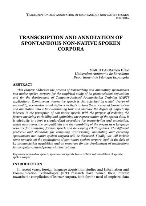 Pdf In Press Transcription And Annotation Of Non Native Spoken Corpora