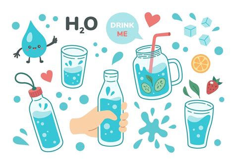 Drink More Water Concept Drinking Water In Mug Glass Bottle Set Of