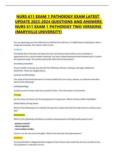 Nurs 611 Exam 1 Pathology Exam Latest Update Questions And Answers Nurs