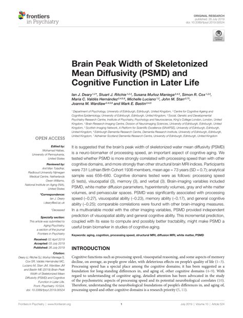 Pdf Brain Peak Width Of Skeletonized Mean Diffusivity Psmd And Cognitive Function In Later