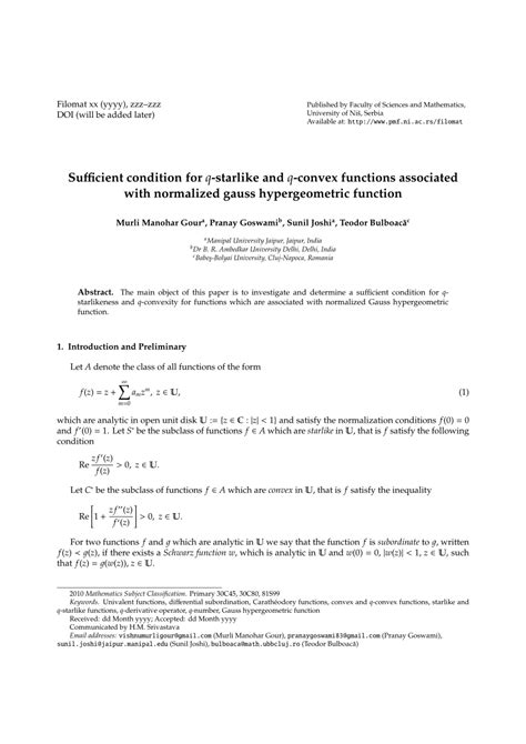 Pdf Sufficient Condition For Q Starlike And Q Convex Functions