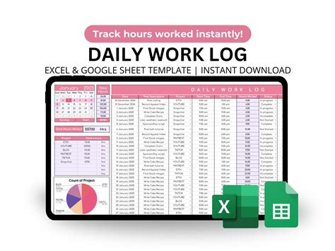 Editable Daily Work Log Excel Template Track Time Projects Priorities Hours Worked Summary