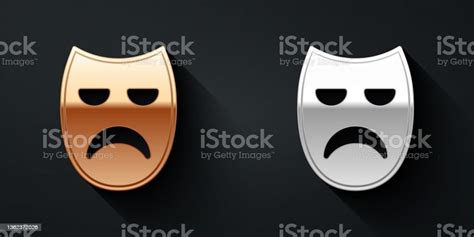 블랙 백으로 고립된 골드 와 실버 드라마 연극 마스크 아이콘 긴 그림자 스타일 벡터 Theatrical Performance에 대한 스톡 벡터 아트 및 기타 이미지