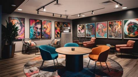 A Vibrant Collaboration Space With Bold Artwork And Trendy Furniture Created With Generative Ai