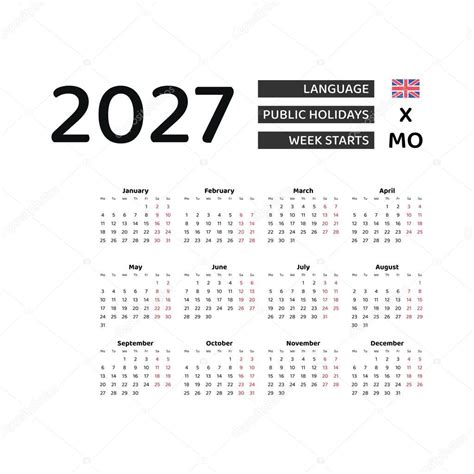 Calendario 2027 Idioma Ingl S Con D As Festivos Del Reino Unido La