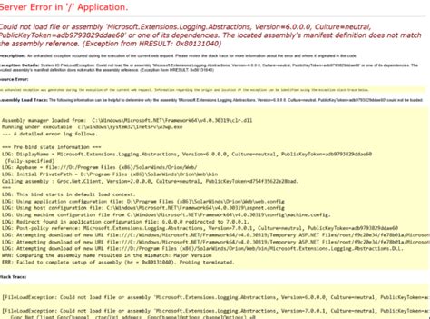 Solarwinds Platform Web Console Fails To Load With Could Not Load File Or Assembly Microsoft