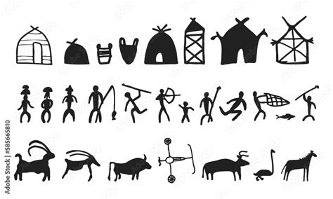 Cave Painting Prehistoric Rock Art Hand Drawn Sketch Style Vector