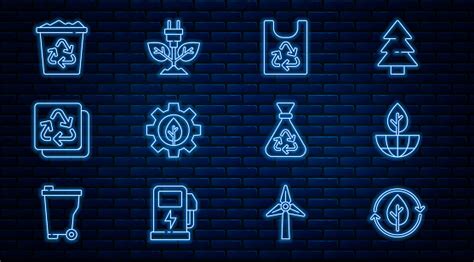 라인 재활용 및 잎 지구 지구 식물 재활용 비닐 봉지 기어 기계의 잎 쓰레기통 쓰레기 및 전기 절약 플러그 아이콘을 설정합니다 벡터 녹색에 대한 스톡 벡터 아트 및 기타