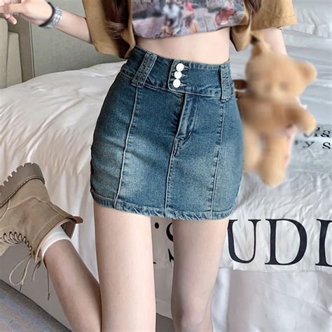 Women Retro Denim Skirt Spicy A Line High Waist Elastic Hip Skirt