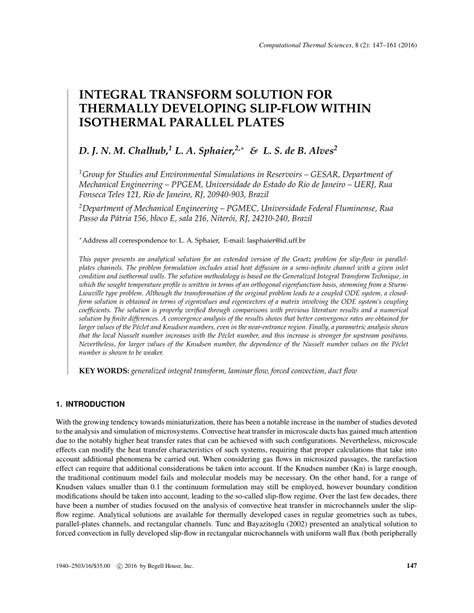 Pdf Integral Transform Solution For Thermally Developing Slip Flow Within Isothermal Parallel