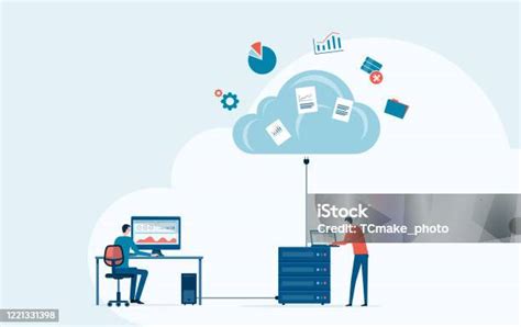 클라우드에서 작업하는 관리자 및 개발자 팀과 함께 하는 비즈니스 기술 스토리지 클라우드 컴퓨팅 서비스 개념 네트워크 서버에 대한 스톡 벡터 아트 및 기타 이미지 Istock