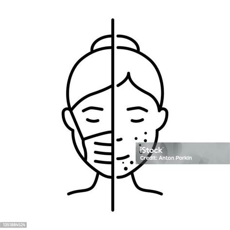 마스크네 페이셜 스킨 자극 라인 아이콘 마스크 여드름 얼굴 문제 선형 Pictogram와 여자 코만도 여드름 알레르기 원인 착용