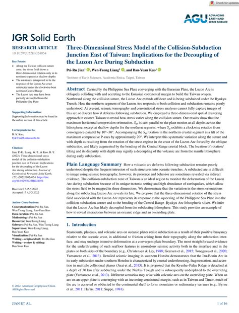 Pdf Three Dimensional Stress Model Of The Collision Subduction Junction East Of Taiwan