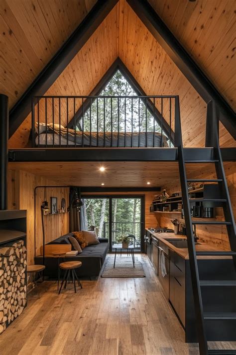 Modern A Frame Forest Cabin Interior With Harwood Floor Hardwood Ceiling And Black Beams Lofted