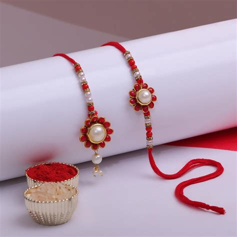 Ethnic Red Kundan Pearl Bhaiya Bhabhi Rakhi Winni