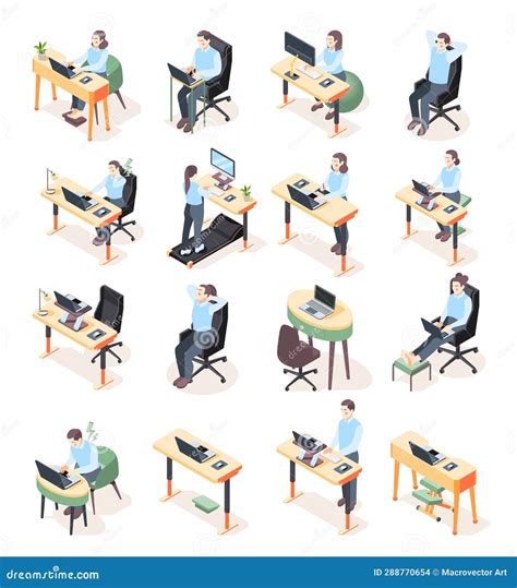 Ergonomic Workplace Isometric Icons Stock Vector Illustration Of Worker Standing 288770654