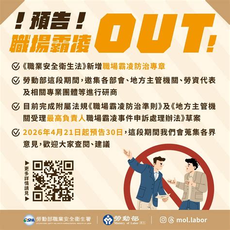 預告「職場霸凌防治準則」及「地方主管機關受理最高負責人職場霸凌事件申訴處理辦法」條文草案 勞動部職業安全衛生署