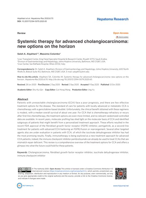 Pdf Systemic Therapy For Advanced Cholangiocarcinoma New Options On