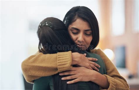Friends Hug And Support Of Women Together In A House With Love Care