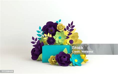 종이 꽃과 나뭇잎 프레임 제품 프리젠 테이션을위한 연단 플랫폼 여름 또는 봄 다채로운 배경입니다 용지 잘라기 3d 렌더링 모형 0명에 대한 스톡 사진 및 기타 이미지