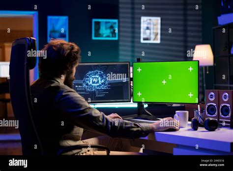 computer scientist updating artificial intelligence machine learning algorithm on green screen