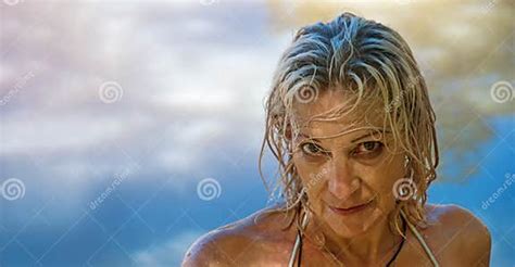 Wide Banner Portrait Of Proud Mature Older Beautiful Vivacious Woman With Wet Hair At Forest