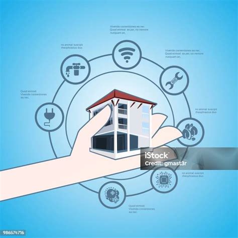 스마트 하우스 손 잡고 기술 시스템 중앙 제어 조명 난방 환기 및 공기 조화 전기 인터넷의 스마트 홈 개념 평면 개발에 대한