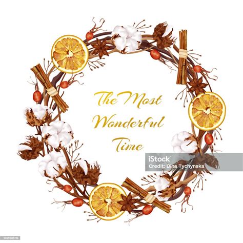 말린 오렌지 과일 목화 꽃 계피 아니스 로즈힙 열매로 장식 된 향기로운 자연 화환 꽃 식물에 대한 스톡 벡터 아트 및 기타 이미지 꽃 식물 레몬 원형 Istock