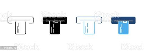 Atm 라인과 실루엣 아이콘 세트에 신용 카드를 삽입합니다 은행 전자 지불 거래 픽토그램 흰색 배경에 Pos 기호 컬렉션에서 신용 카드로 지불합니다 고립된 벡터 그림 구매에