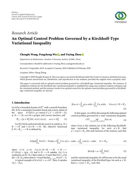 Pdf An Optimal Control Problem Governed By A Kirchhoff Type Variational Inequality