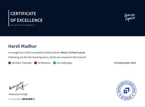 Harsh Madhur On Linkedin Certificate Of React Js By Scaler