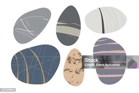 해변 자갈 모양 세트 손으로 다양한 모양을 그린 벡터의 최신 그림입니다 다른 모양과 색상과 텍스처 세트 흰색 배경에 고립 된 바다 바위 자갈의 다양한 형태 강에 대한 스톡