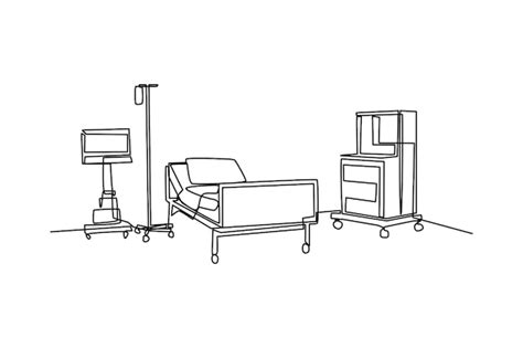 단일 선 그리기 침대와 클리닉 장비가 있는 병실 내부 빈 병실 개념 연속 선 그리기 디자인 그래픽 벡터 그림 프리미엄 벡터