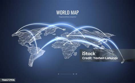 세계지도 아이소메트릭 다각형 와이어 프레임 조성 항공 여행 개념 파란색 배경에 격리된 추상 그림입니다 파티클은 기하학적 실루엣으로 연결됩니다 입체 이미지에 대한 스톡 벡터