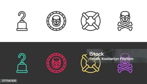 흑백에 해적 갈고리 동전 구명 부표 및 해골을 크로스본에 설정합니다 벡터 가공의 인물에 대한 스톡 벡터 아트 및 기타 이미지 가공의 인물 가방 걸이 장비 Istock