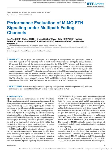 Pdf Performance Evaluation Of Mimo Ftn Signaling Under Multipath