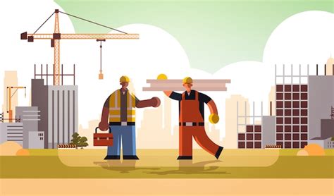 균일 한 서 함께 개념 건설 사이트 배경 평면 전체 길이 가로 건물 서 아프리카 계 미국인 엔지니어 노동자와 논의 판자를 들고 목수 프리미엄 벡터