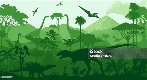 알베르토사우루스 켄트로사우루스 스테고사우루스 티라노사우루스 트리케라톱스 케찰코아틀루스 파라사우롤로푸스 브라키오사우루스 익룡이 있는 벡터 열대림 공룡에 대한 스톡 벡터 아트