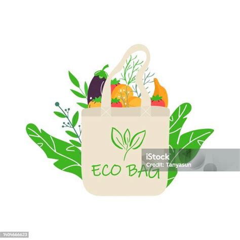 야채 과일 및 건강 음료가있는 에코 쇼핑백 재사용 가능한 친환경 구매자 그물에 유제품 음식 폐기물 제로 플라스틱 프리 개념 플랫 트렌디 한 디자인 가방에 대한 스톡 벡터