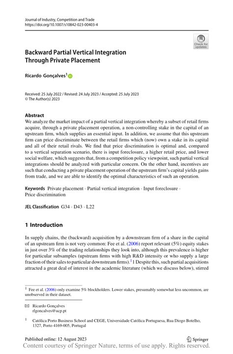 Pdf Backward Partial Vertical Integration Through Private Placement