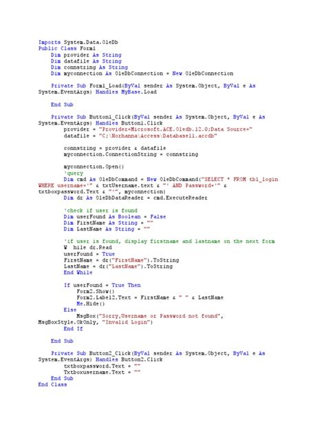 Connecting To An Access Database And Validating User Login Credentials In Visual Basic Net Pdf